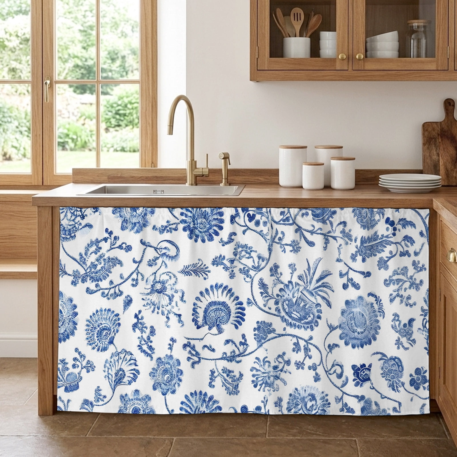 Blue Floral Cabinet Curtains for Kitchen 28"W x 51"L, Vintage Flower ...