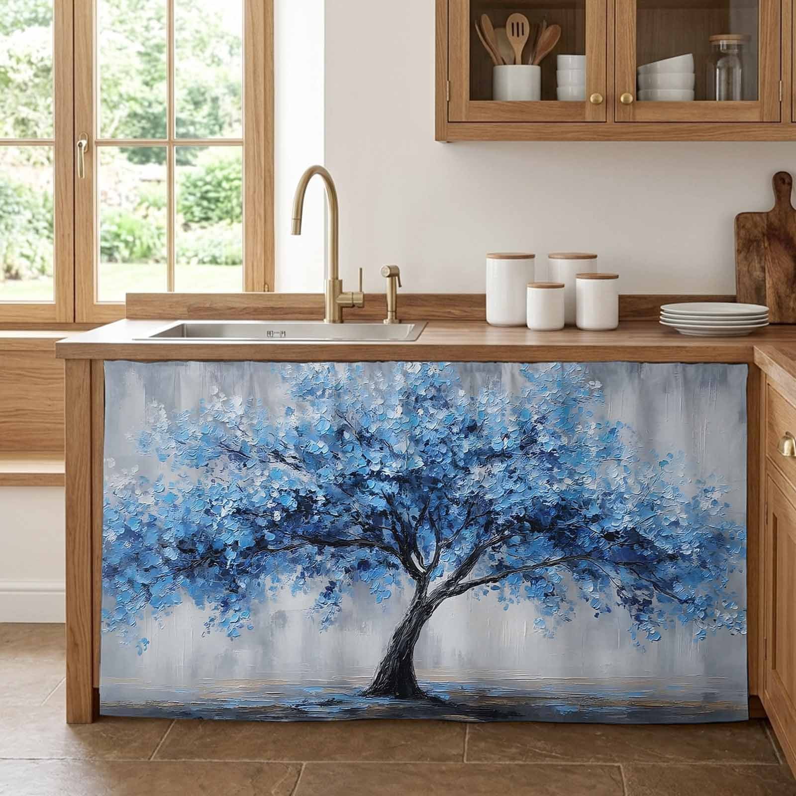Blue Floral Cabinet Curtains for Kitchen 28"Wx51"L, Classical Flower ...