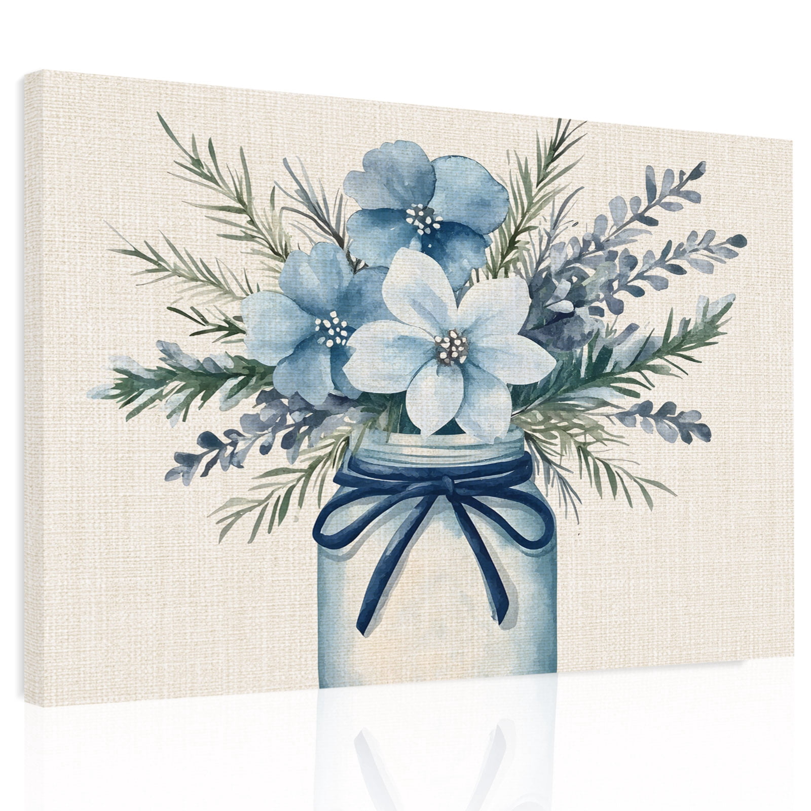 Blue Floral Canvas Print Wall Art, Vintage Daisy in Vase Farmhouse ...