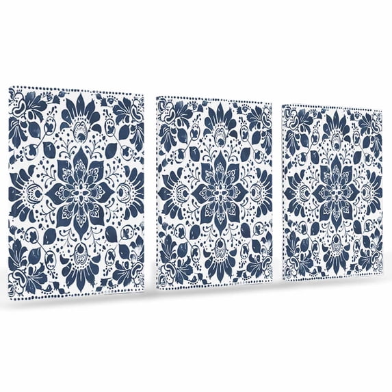 Blue Floral Canvas Wall Art 3 Panels, Pattern Leaves Geometric Art ...