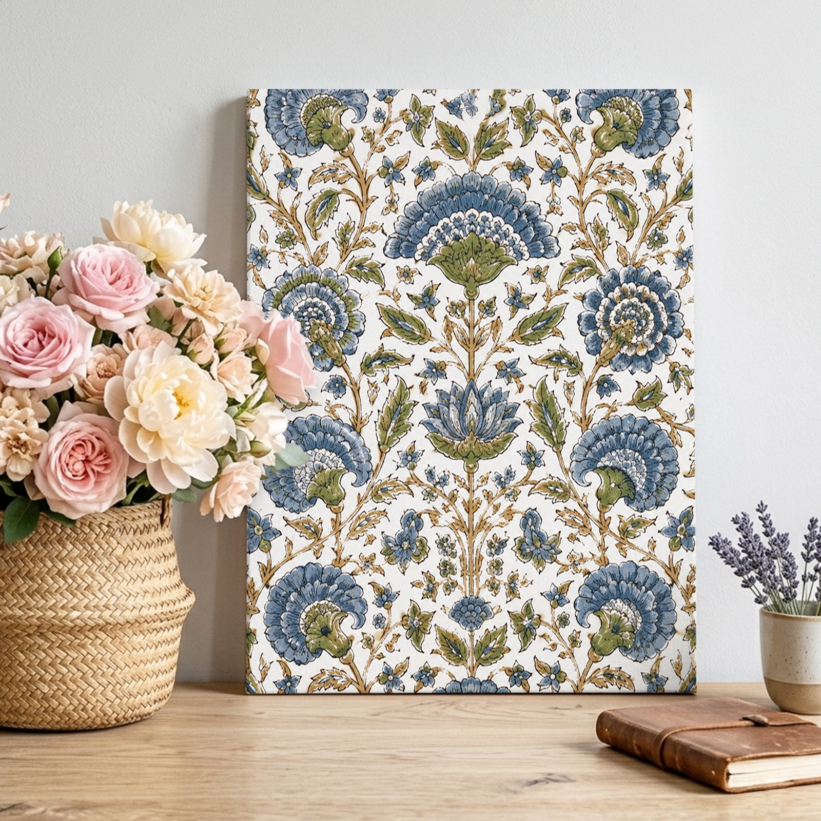 Blue Floral Canvas Wall Art for Living Room, Bohemian Country Rustic ...