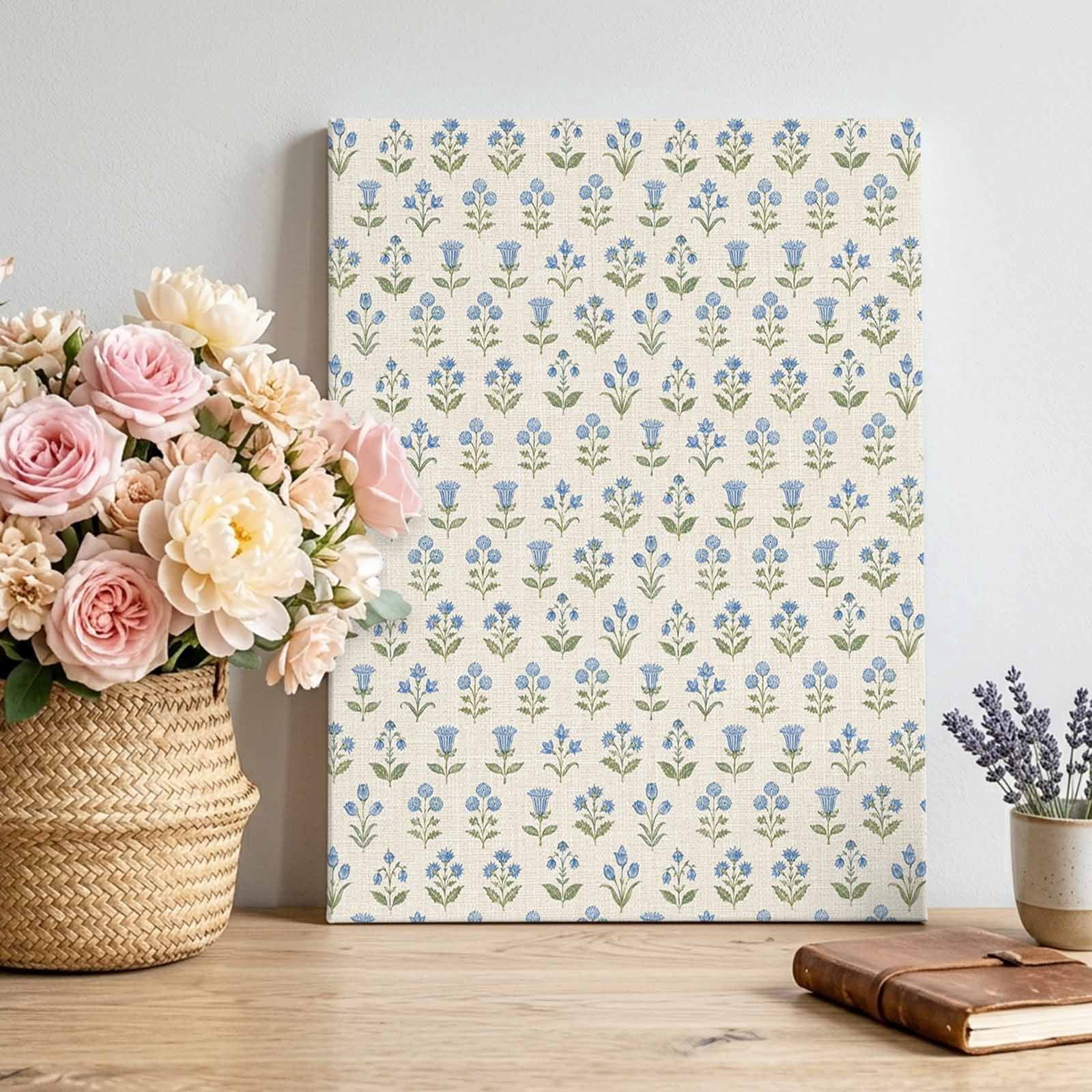 Blue Floral Canvas Wall Art for Living Room, Vintage Country Pastoral ...