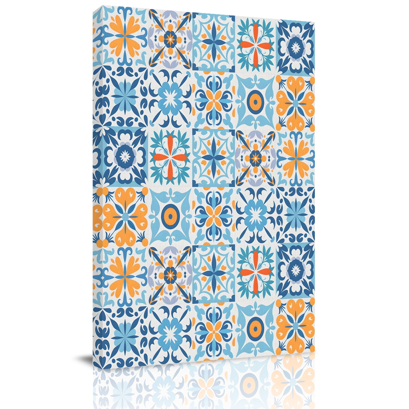 Blue Floral Canvas Wall Art for Living Room, Vintage Mediterranean Tile ...