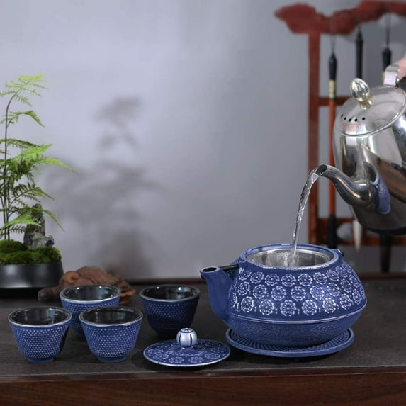 Blue Floral Cast Iron Teapot Set Japanese Style Tetsubin Tea Kettle ...