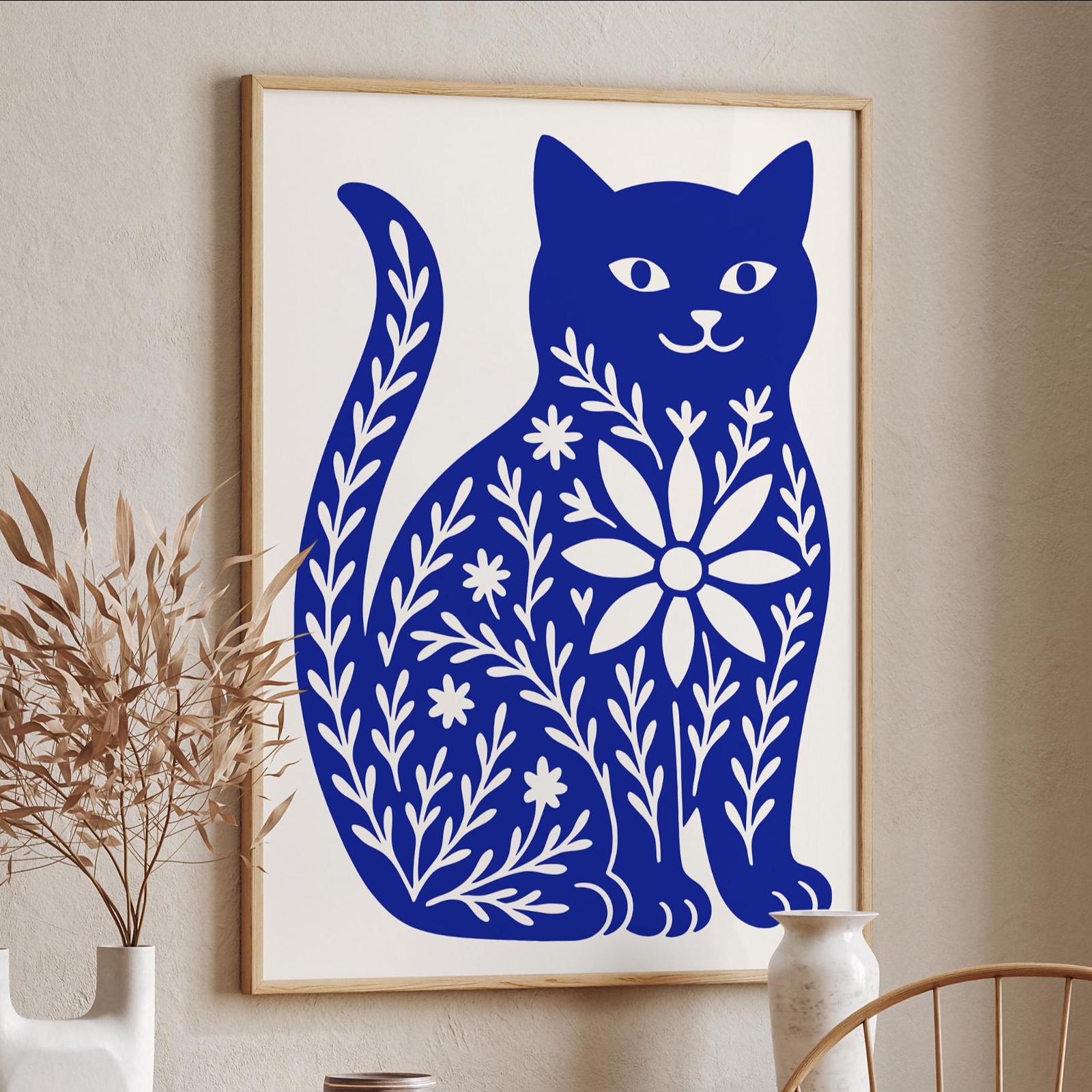 Blue Floral Cat Art Print: Whimsical Botanical Pet Poster UNFRAMED ...