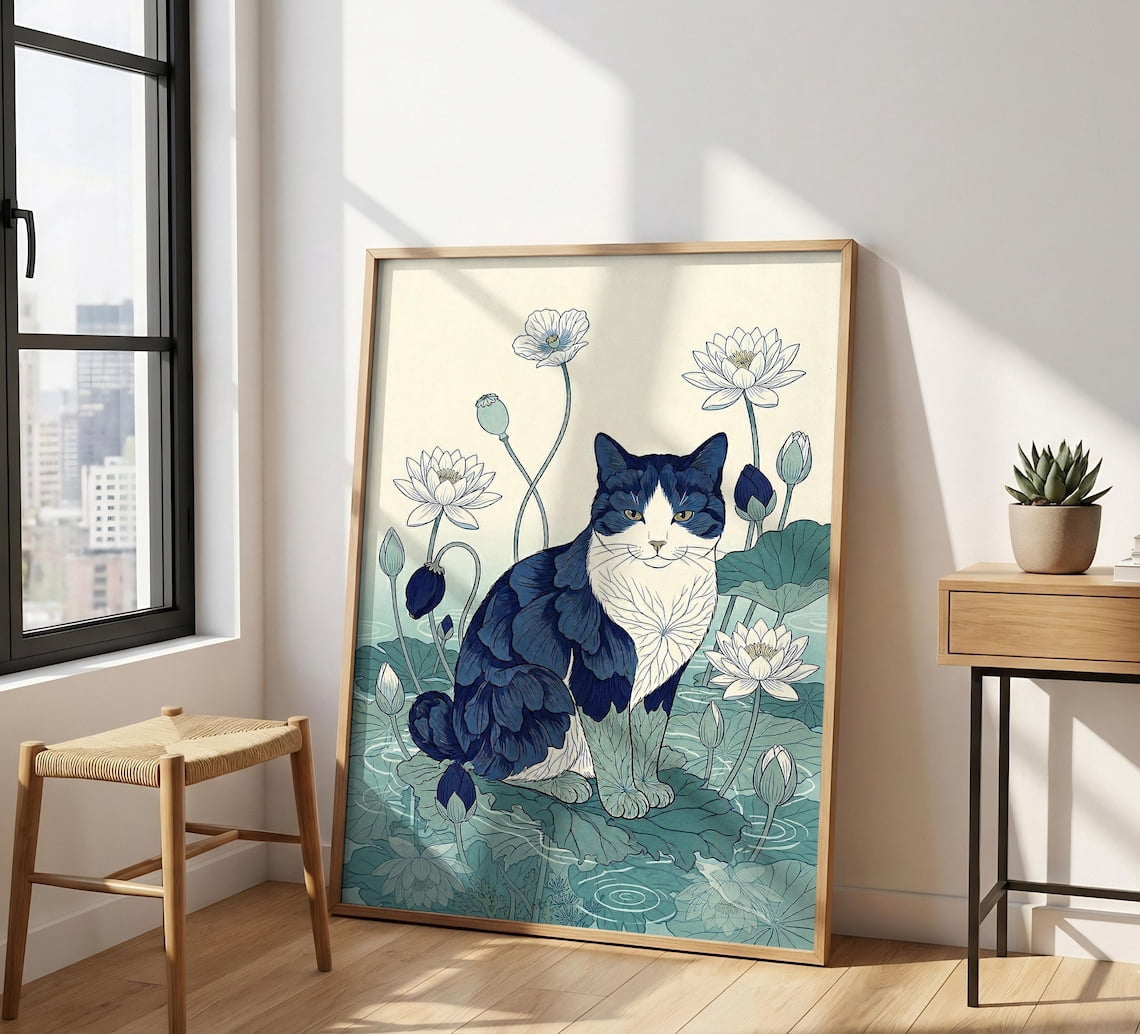 Blue Floral Cat Japanese Lotus Botanical Wall Art Poster Unframed Paper ...