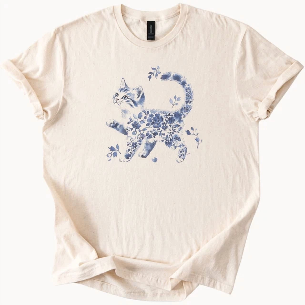 Blue Floral Cat T Shirt Cute Flowers Kitten Graphic Tee Aesthetic ...