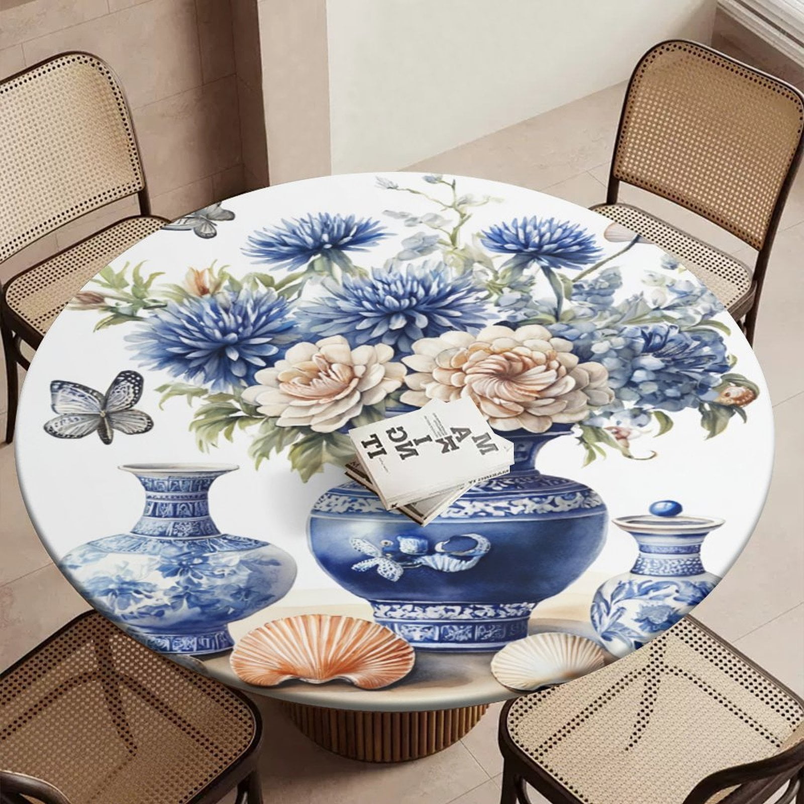 Blue Floral Ceramic Set Round Table Cover Kitchen Printed Waterproof ...