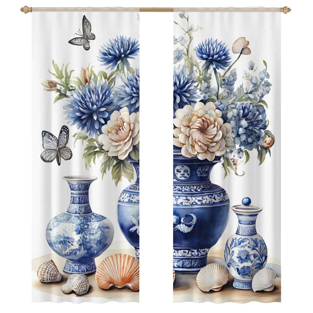 Blue Floral Ceramic Set Sheer Voile Curtain Window Tulle Curtains For ...