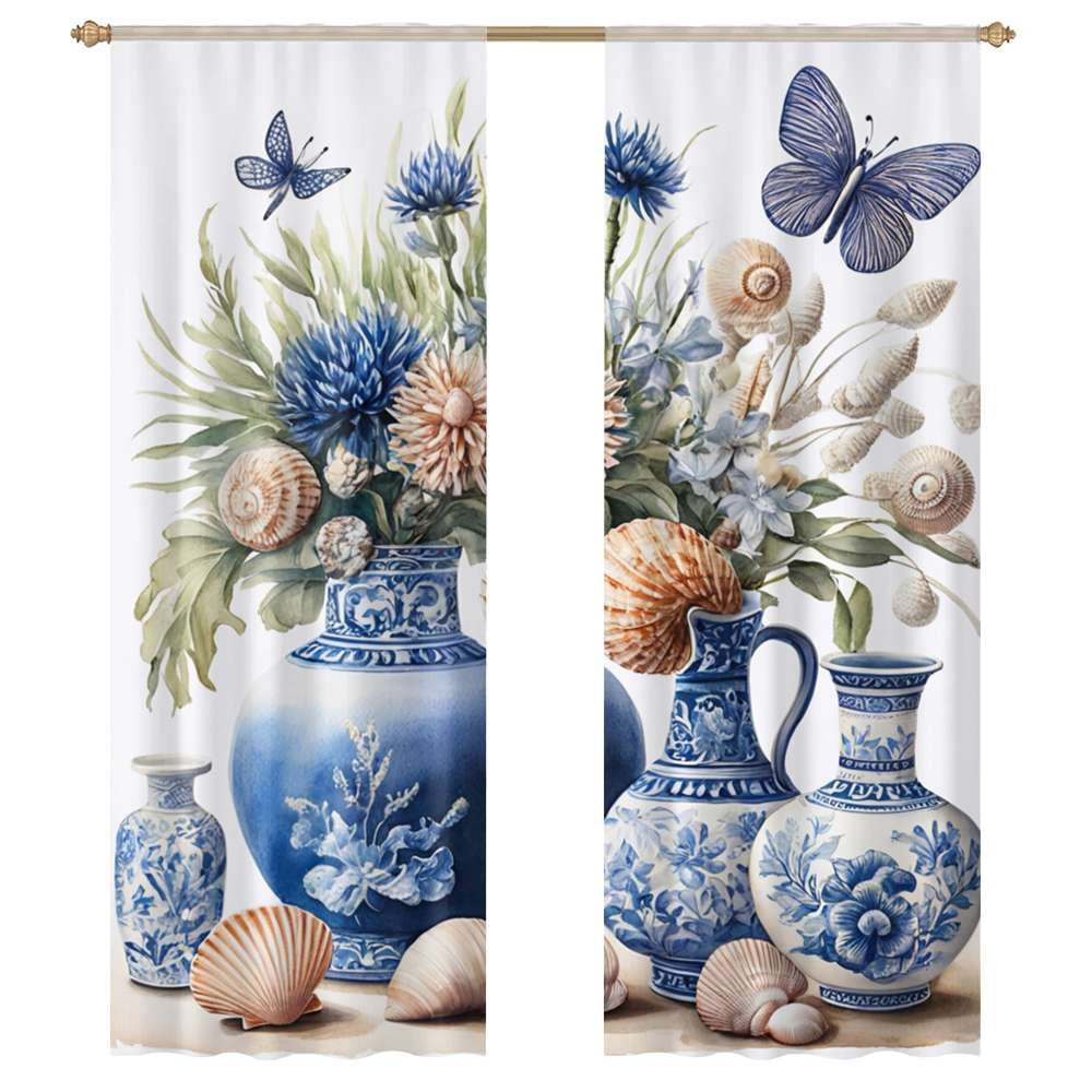 Blue Floral Ceramic Set Sheer Voile Curtain Window Tulle Curtains For ...