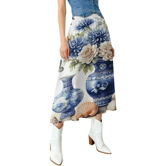 Blue Floral Ceramic Set Women High Waist Midi Skirt Elegant Midi Skirt ...