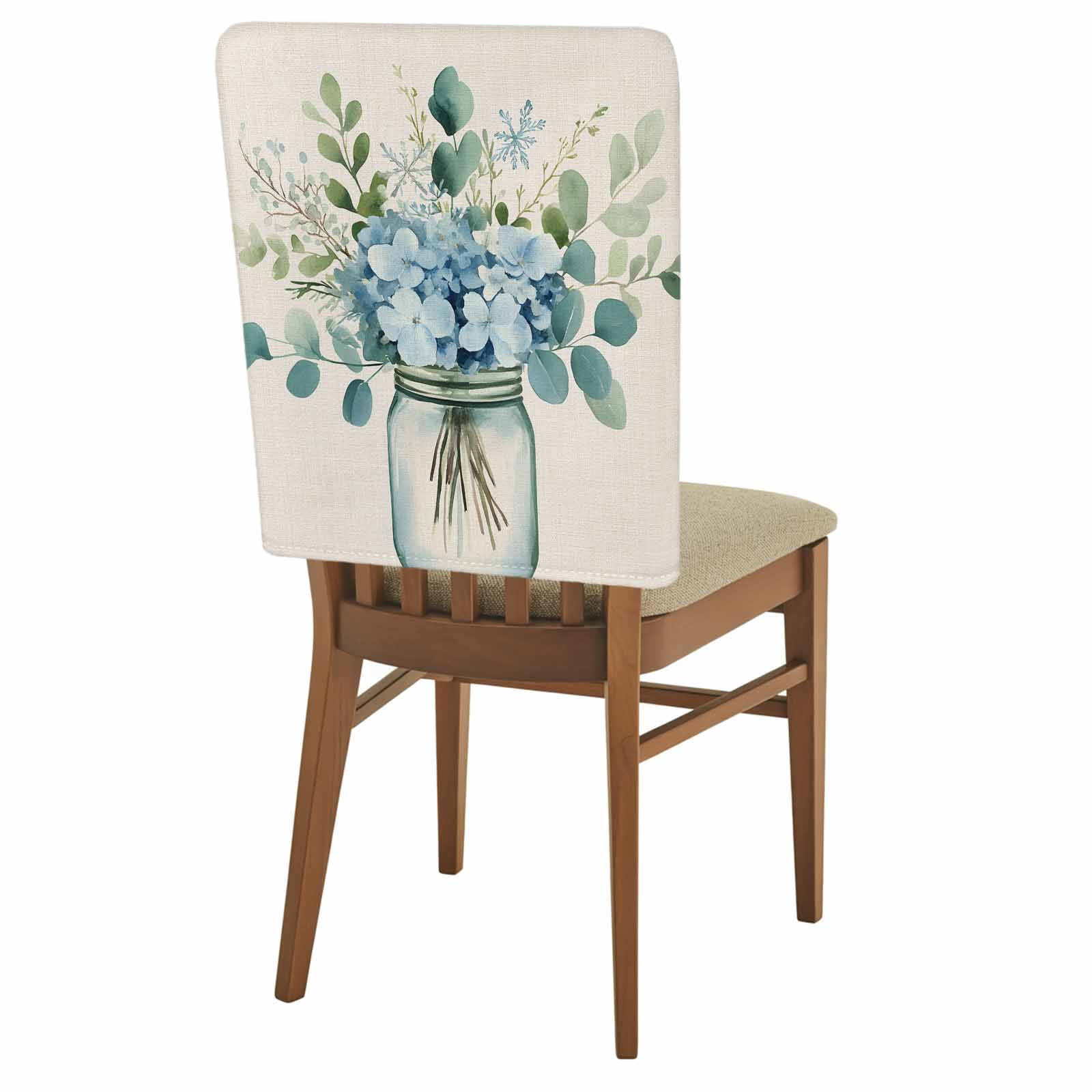 Blue Floral Chair Back Covers Set of 8, Pastoral Eucalyptus Leaf Linen ...