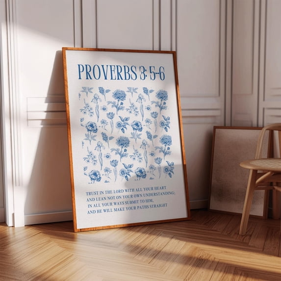 Blue Floral Chinoiserie Scripture Wall Art Print With Proverbs Bible ...