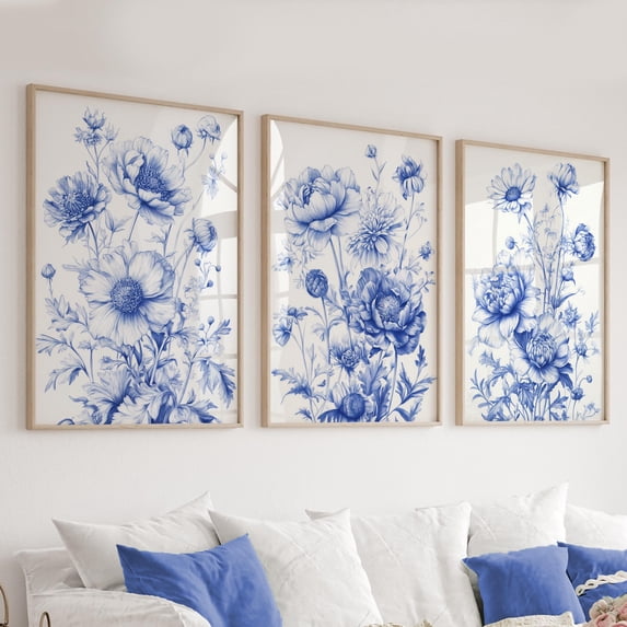 Blue Floral Chinoiserie Wall Art Botanical Print Set Home Decor Office ...