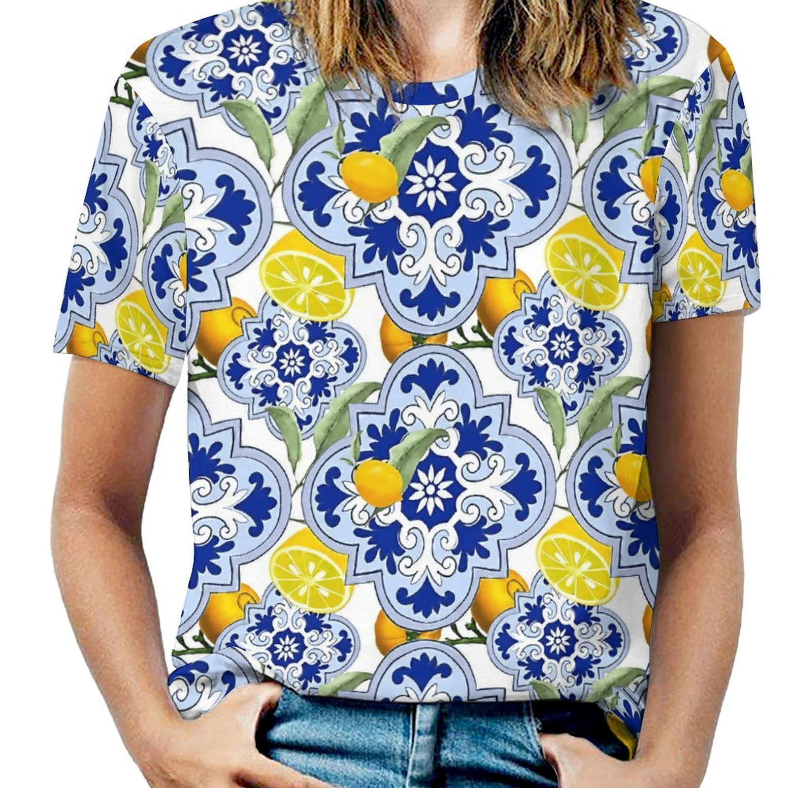 Blue Floral Citrus Tiles Women's T-Shirt Short Sleeve T Shirts Tops Tee ...