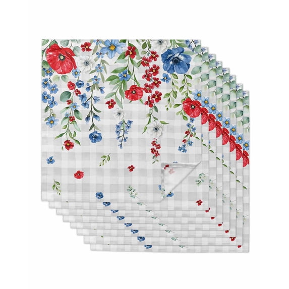 Blue Floral Cloth Napkins Set of 8 Reusable Dinner Napkins, Red Flowers ...