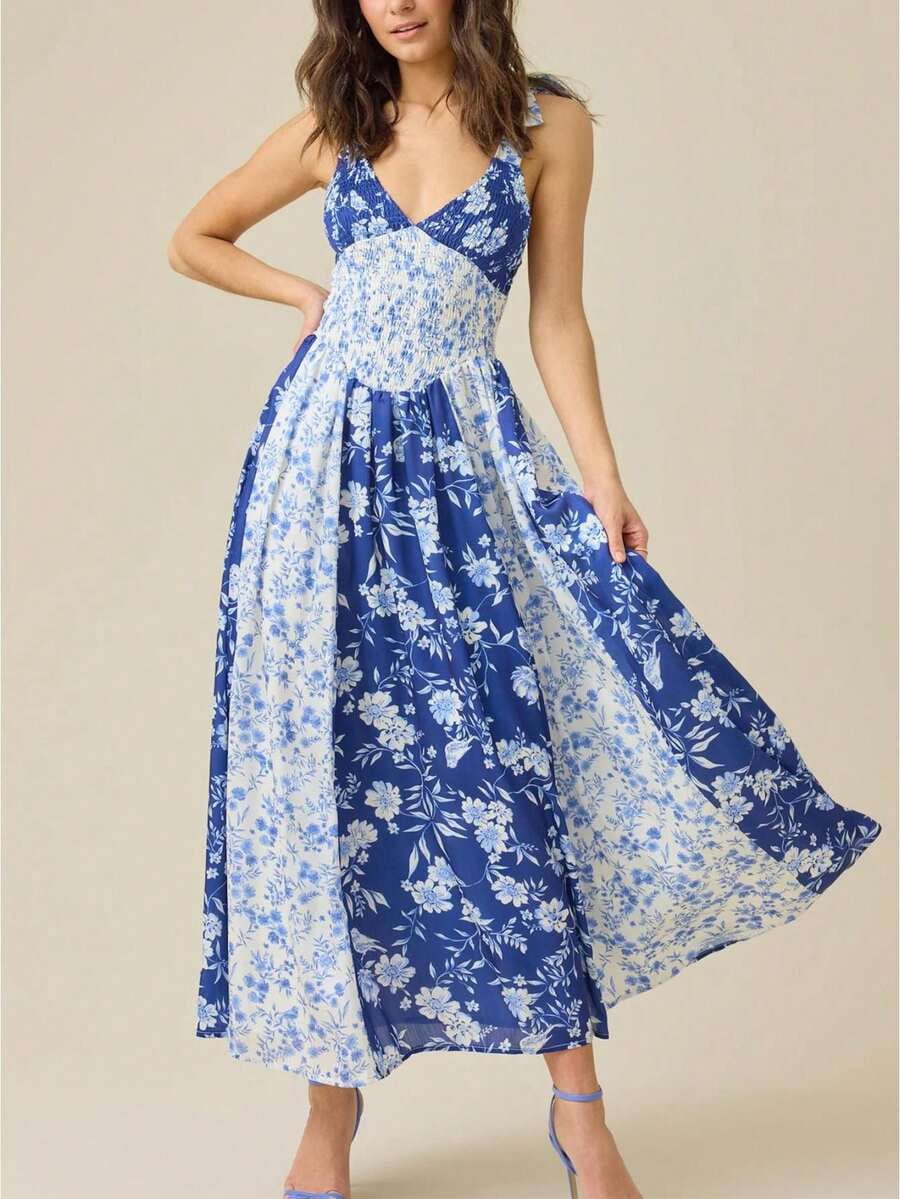 Blue Floral Color Block Maxi Dress With Smocked Bodice Deep V Neck Tie ...