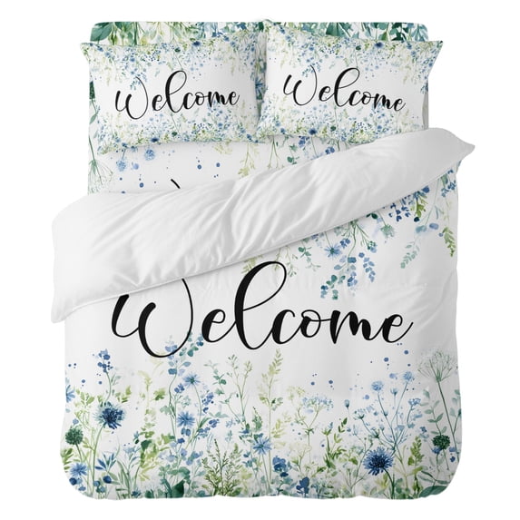 Blue Floral Comforter Set King Size, Welcome Watercolor Flowers Plant ...
