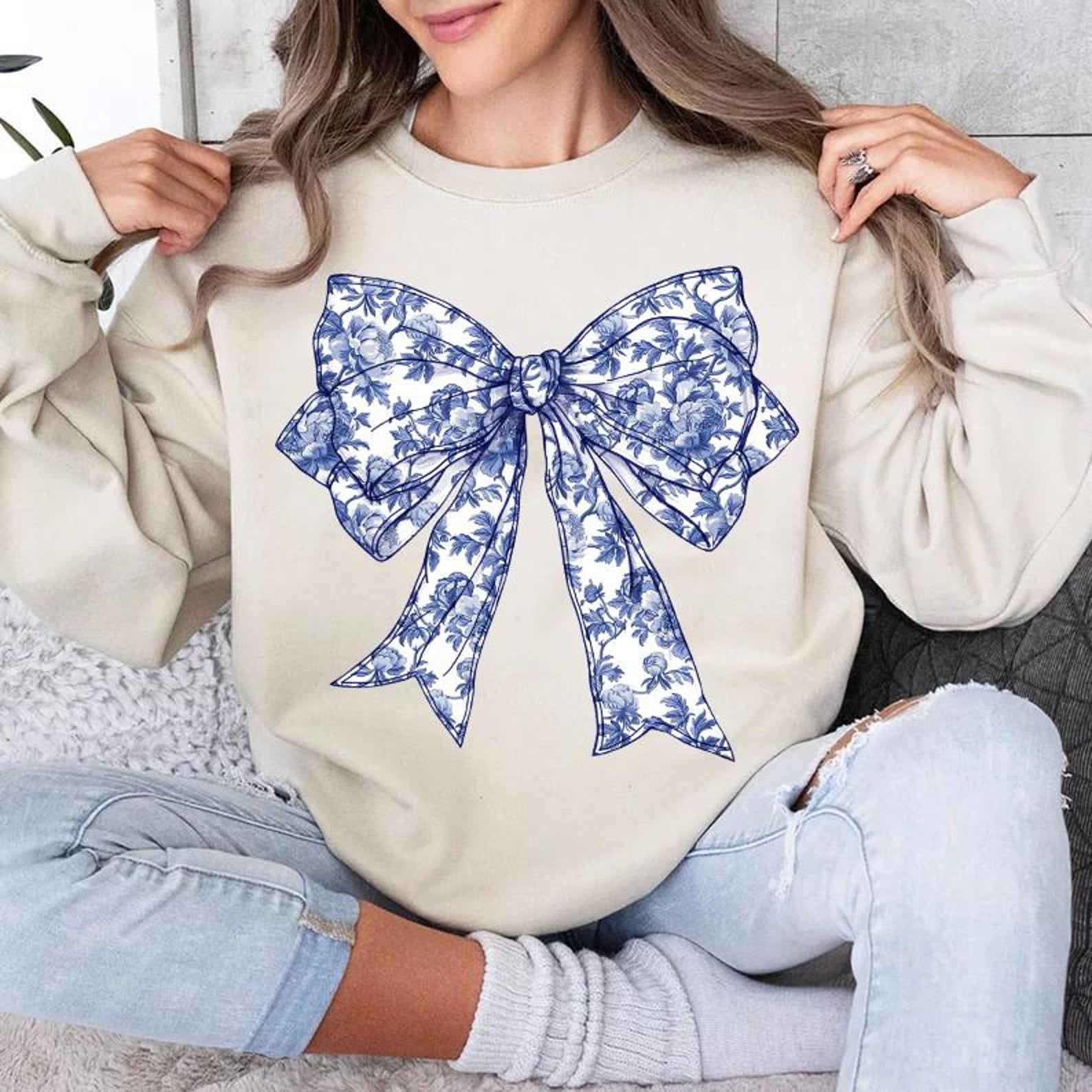 Blue Floral Coquette Bow Sweatshirt, Blue White Chinoiserie Bow Top, Trendy Coquette Pullover ...