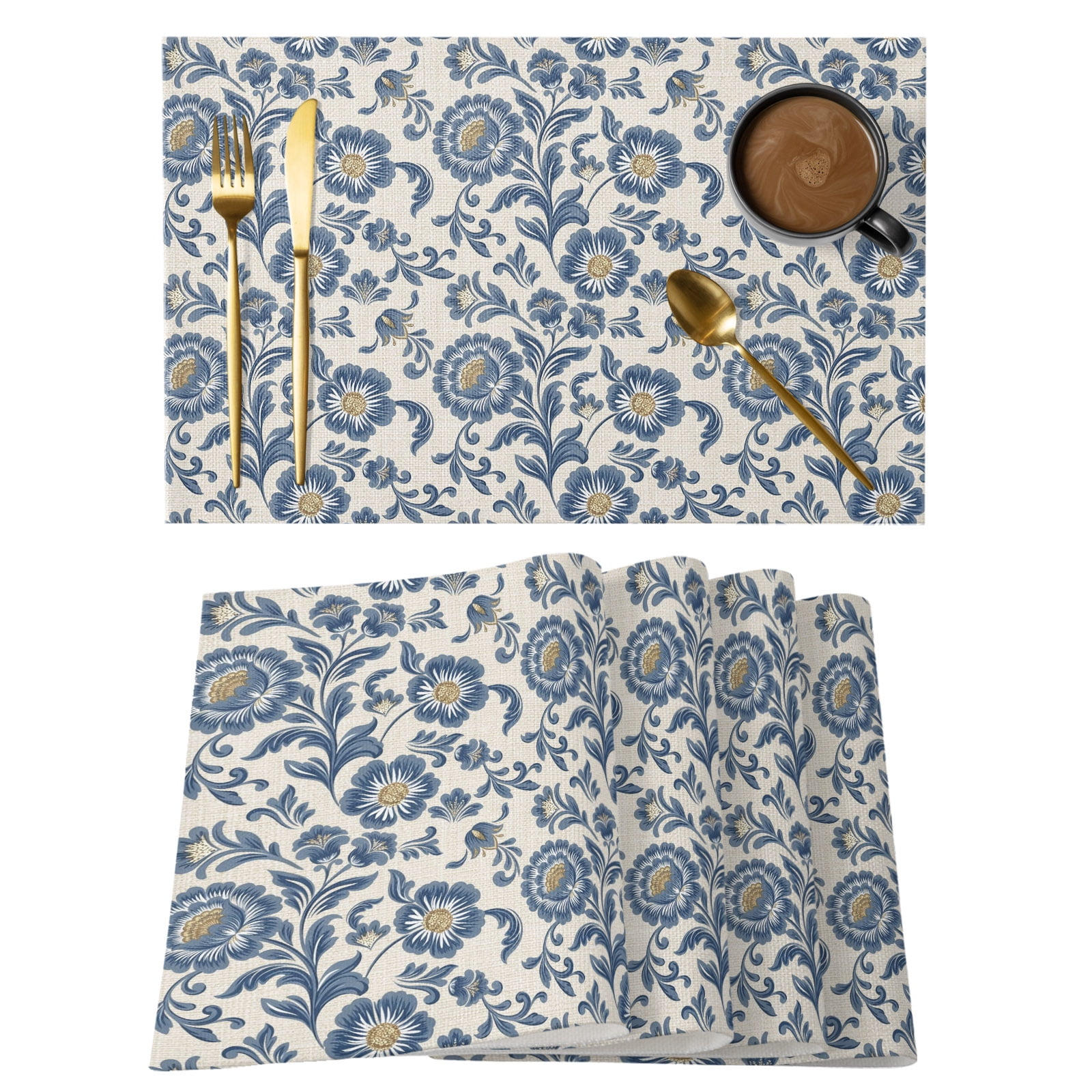 Blue Floral Cotton Linen Placemats Set of 1, Oriental Traditional ...