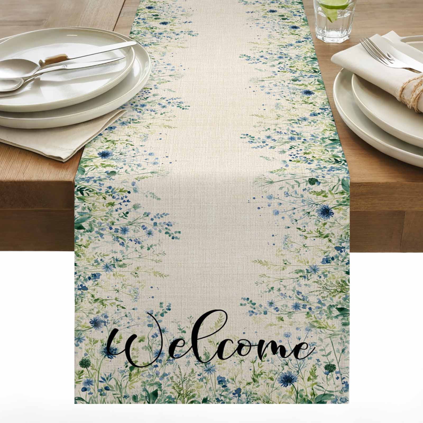 Blue Floral Cotton Linen Table Runner Flowers Welcome Leaf Linen Dining ...