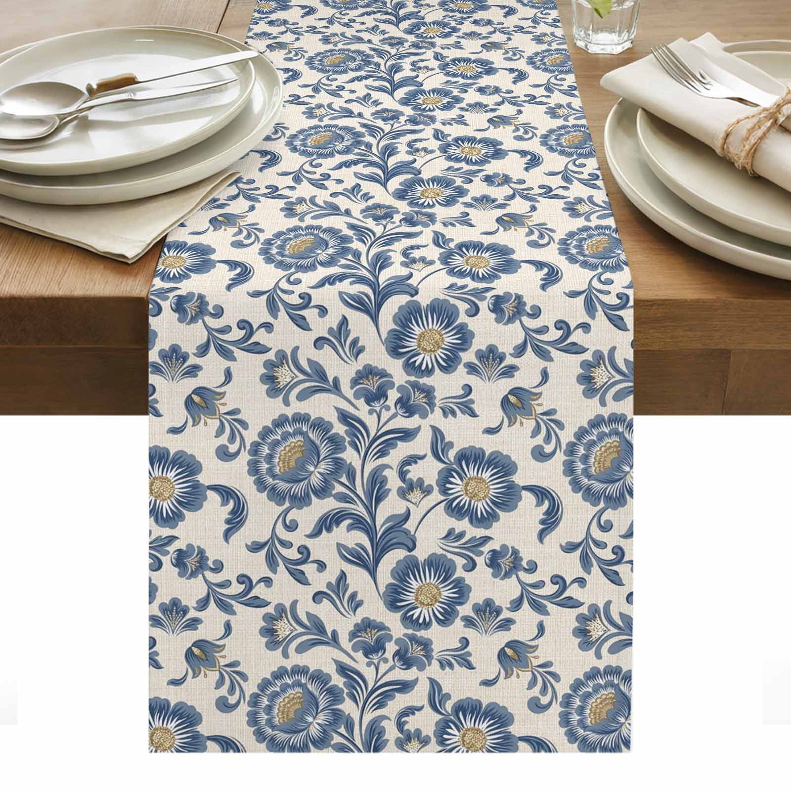 Blue Floral Cotton Linen Table Runner Oriental Traditional Ethnic ...