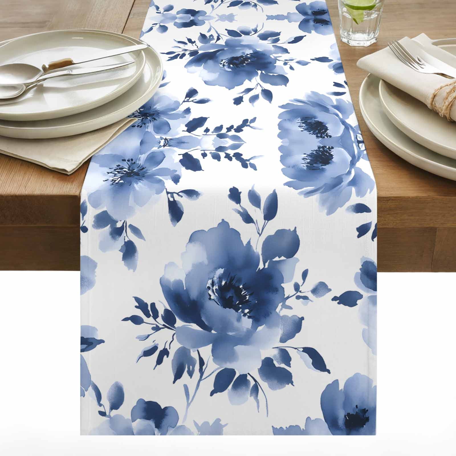 Blue Floral Cotton Linen Table Runner Spring Blue Flowers Leaf ...