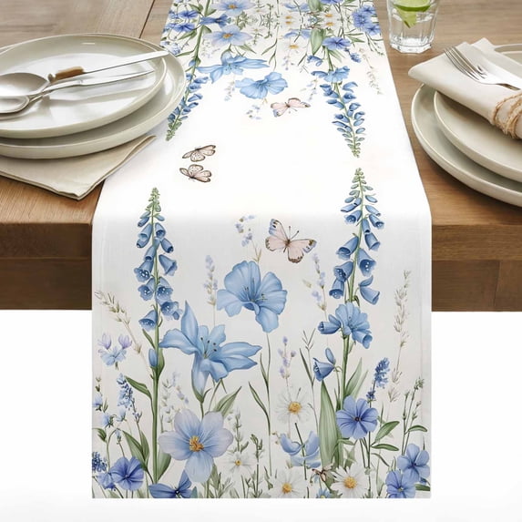 Blue Floral Cotton Linen Table Runner Spring Bluebells Wildflowers ...