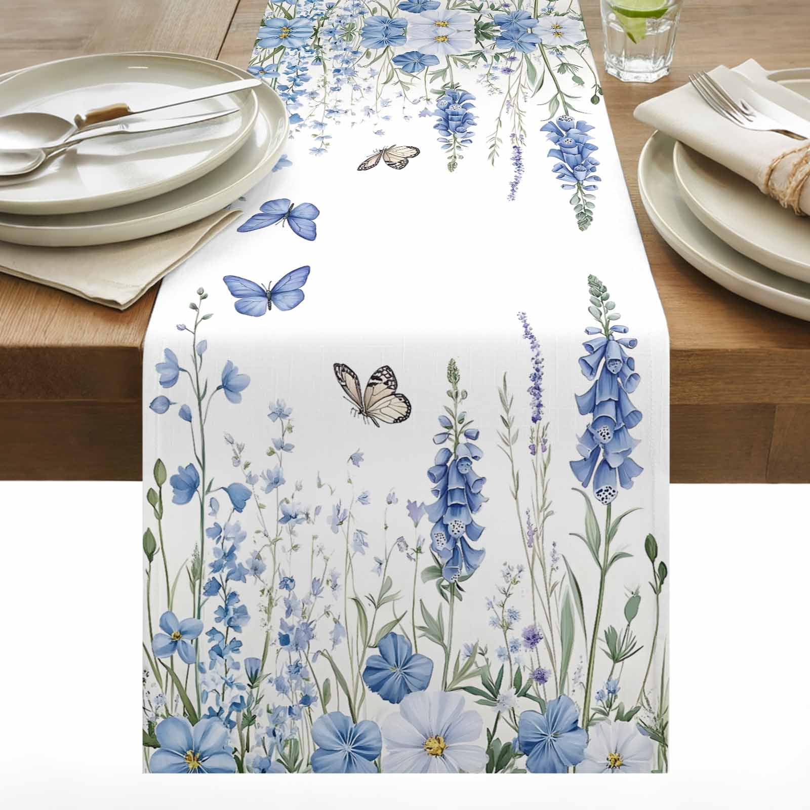 Blue Floral Cotton Linen Table Runner Spring Wildflowers Bluebells ...