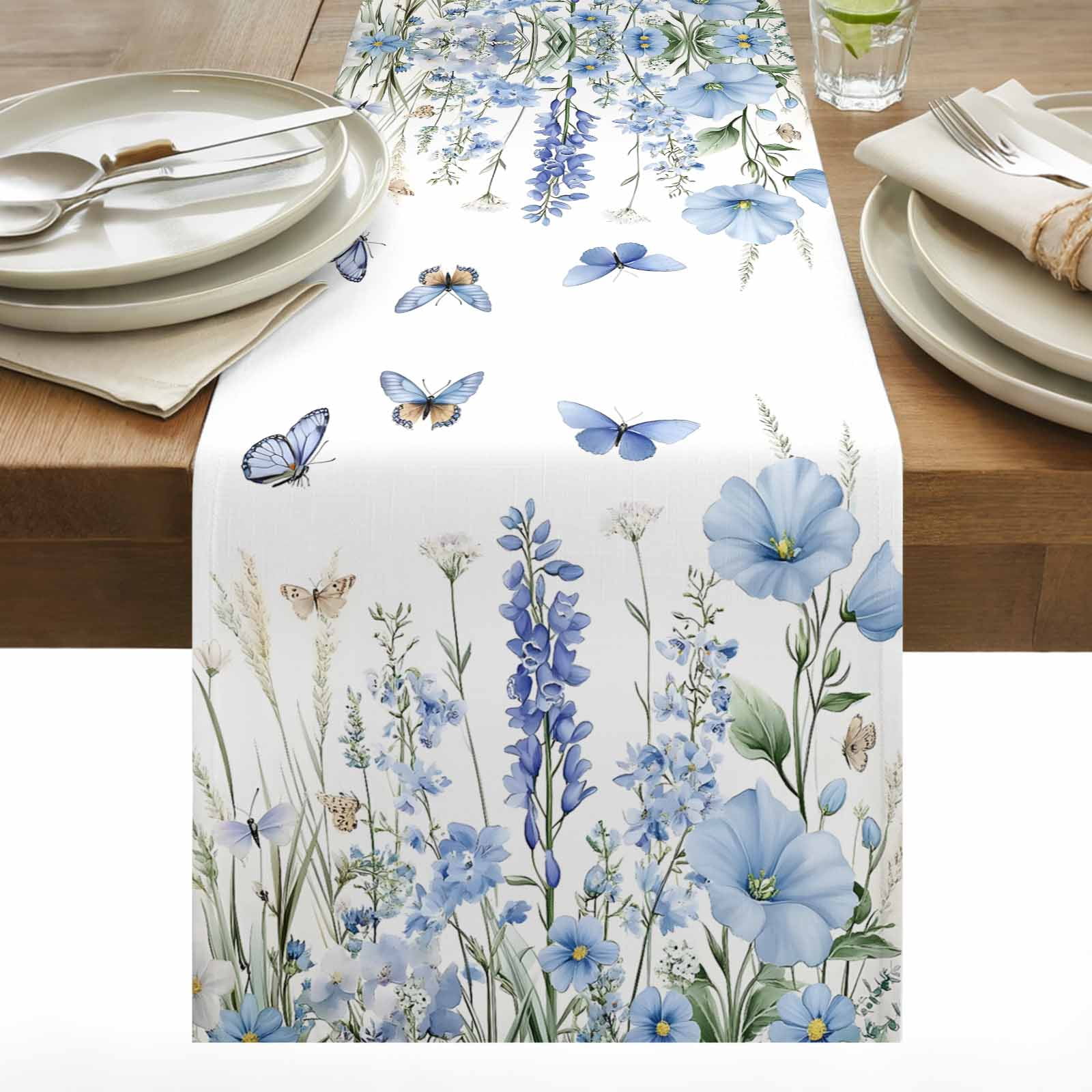 Blue Floral Cotton Linen Table Runner Spring Wildflowers Lavender ...