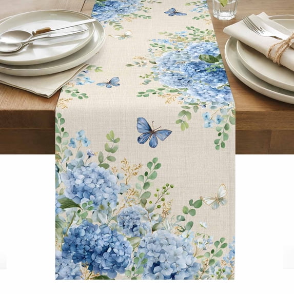 Blue Floral Cotton Linen Table Runner Summer Country Hydrangea Floral ...