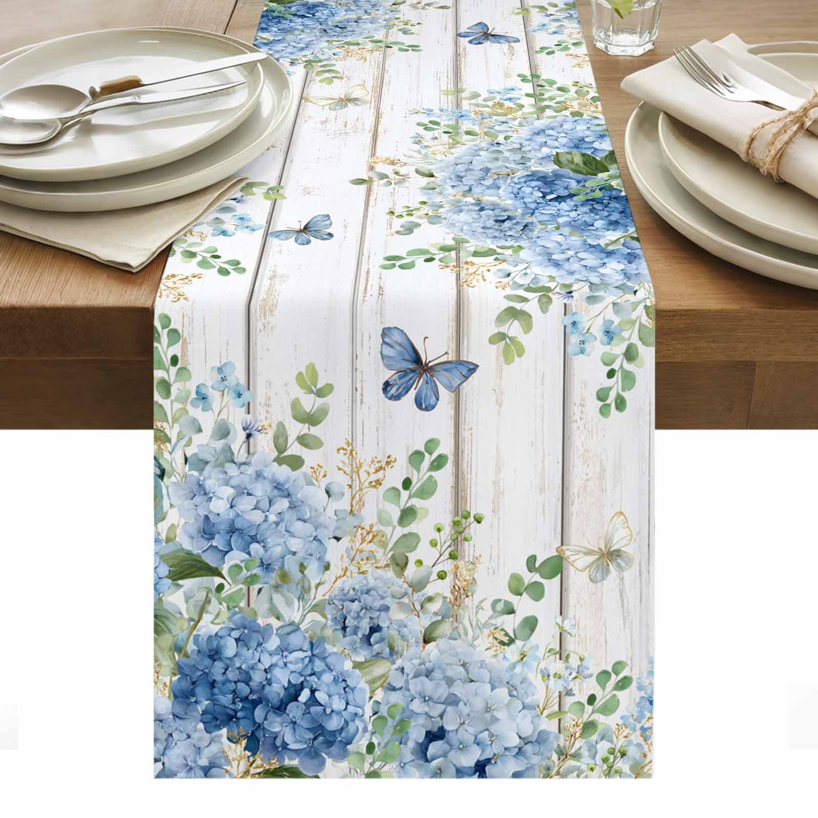 Blue Floral Cotton Linen Table Runner Summer Country Hydrangea Floral ...