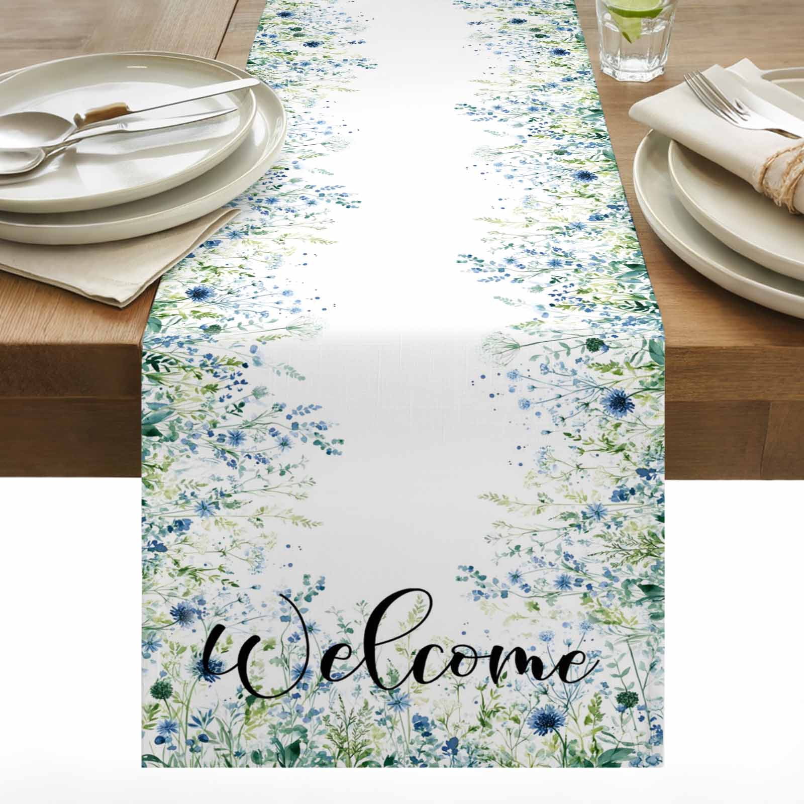 Blue Floral Cotton Linen Table Runner Welcome Watercolor Flowers Plant ...