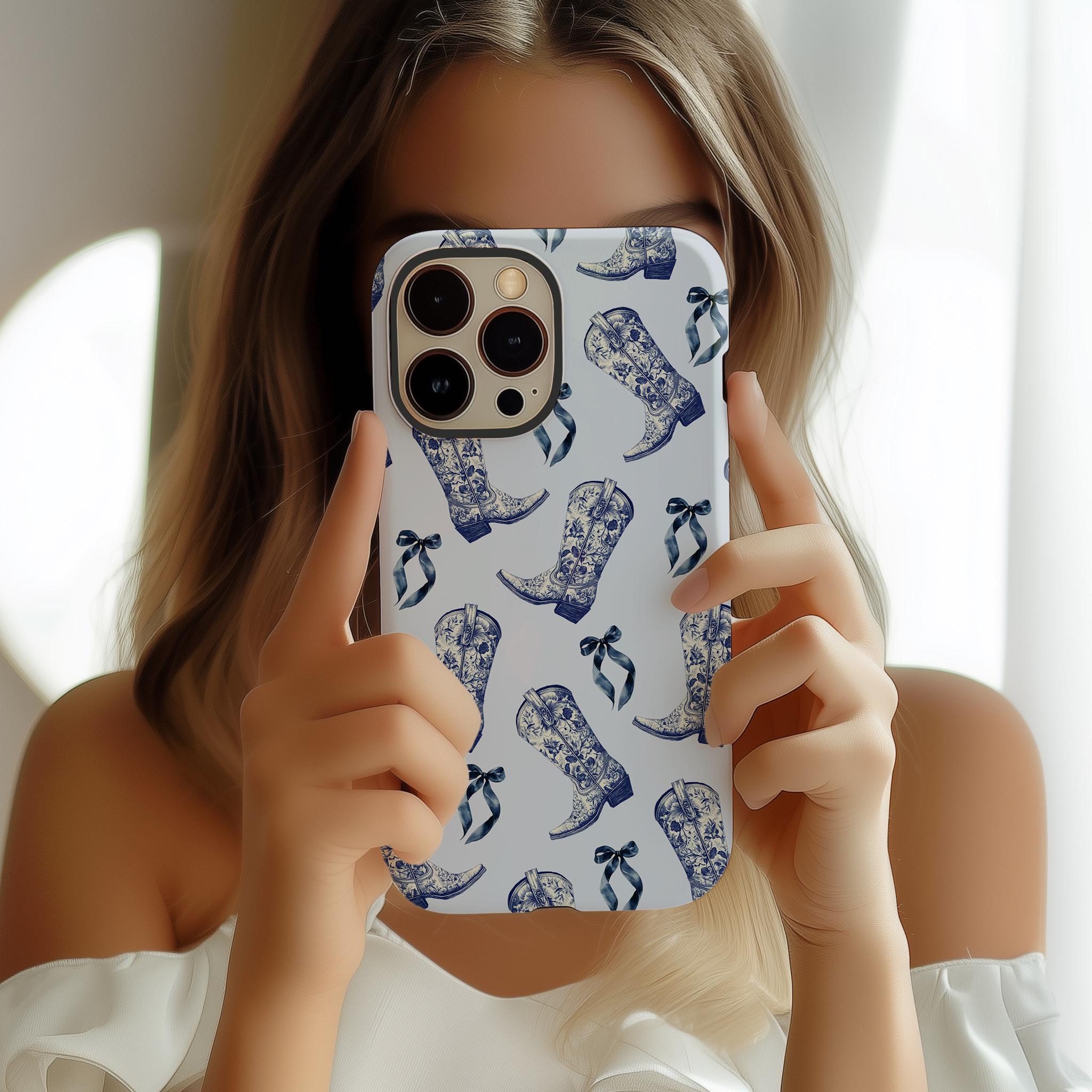Blue Floral Cowboy Boots Western Cowgirl Bow Case with iPhone 17 ...