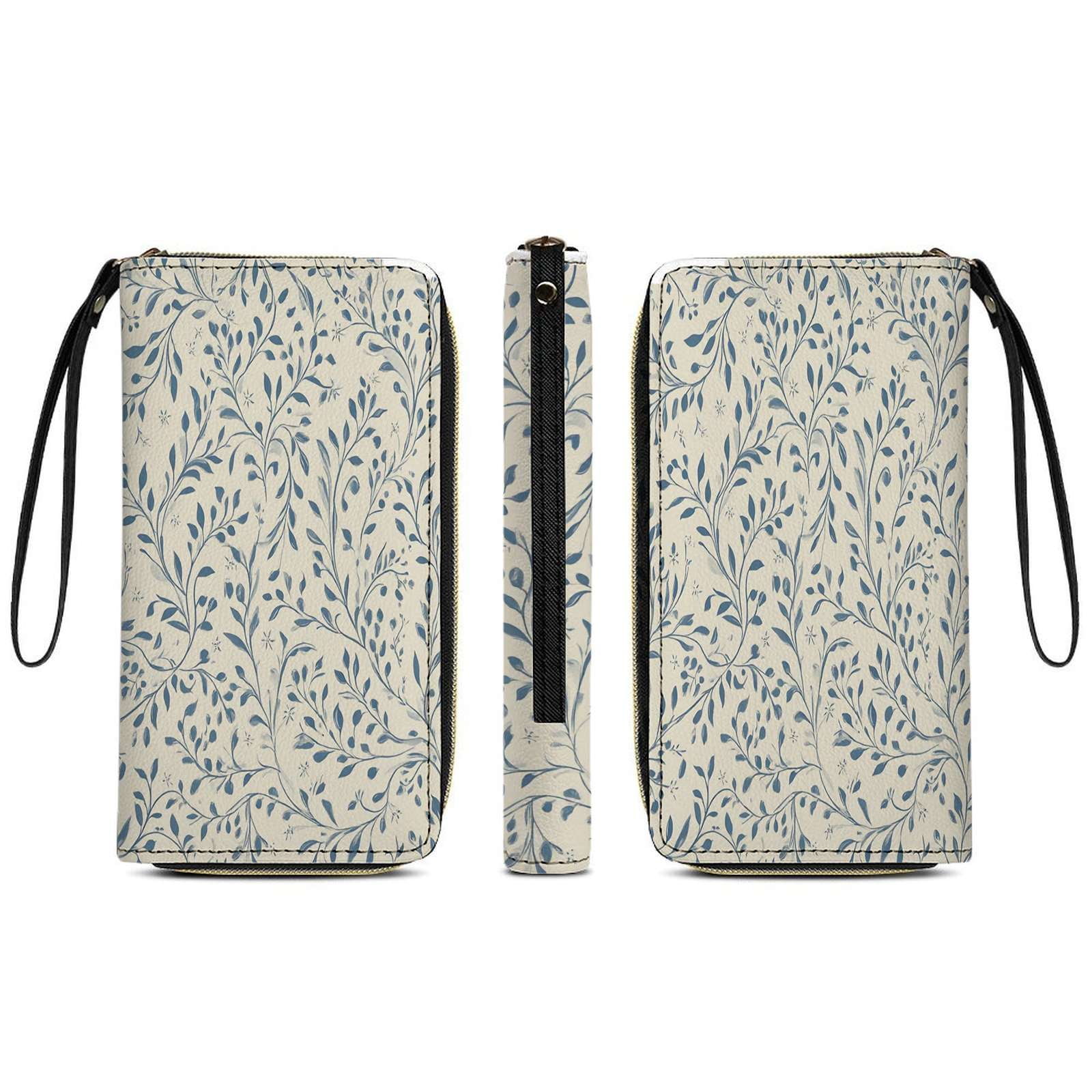 Blue Floral Cream Background Pattern Long Wallets For Women PU Leather ...
