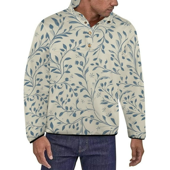 Blue Floral Cream Background Pattern Men's Stand Collar Sweater Long ...