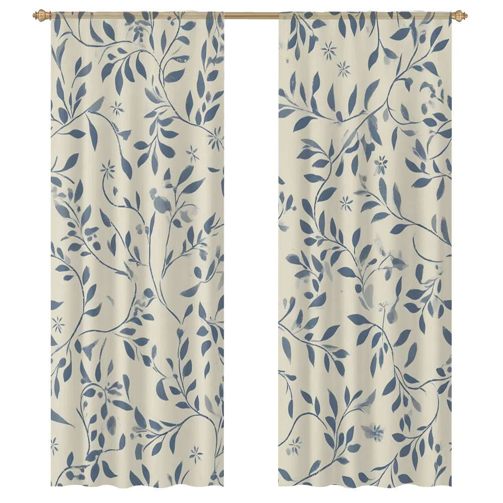 Blue Floral Cream Background Pattern Sheer Window Curtains for Living ...