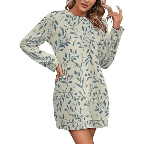 Blue Floral Cream Background Pattern Women Elegant Long Sleeve Warm ...