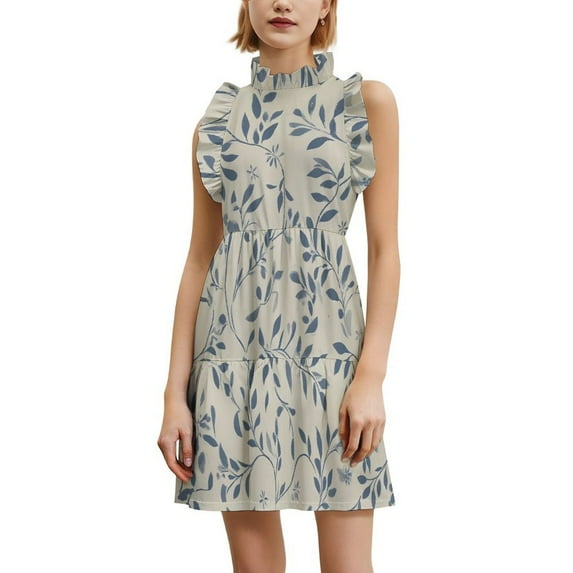 Blue Floral Cream Background Pattern Women's Fashion Casual Dress ...