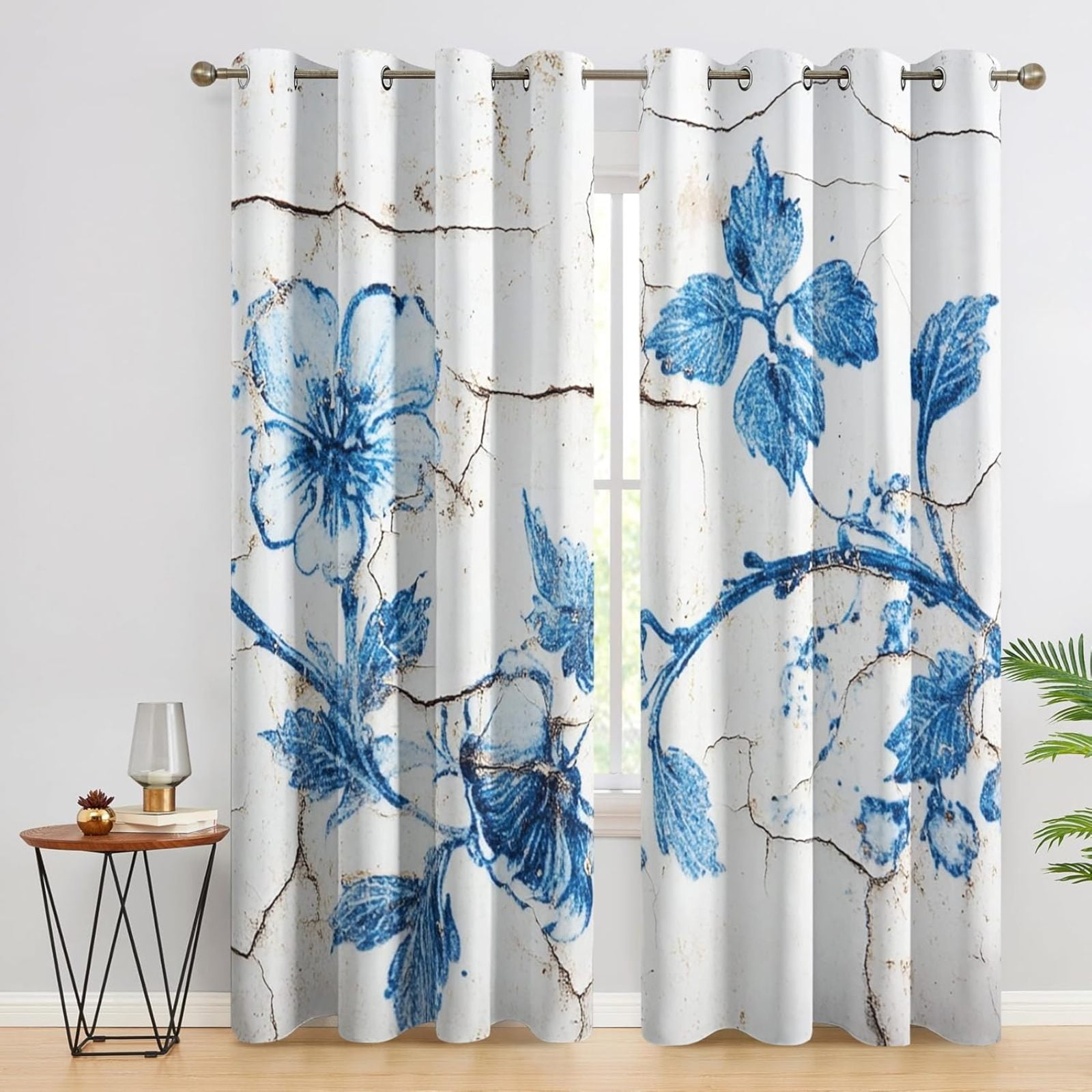 Blue Floral Curtains For Living Room, Modern Vintage Abstract Pattern ...