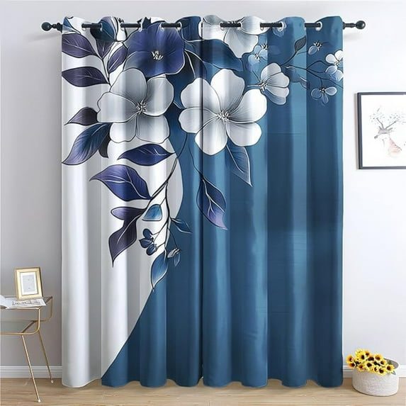 Blue Floral Curtains Set, Navy And White Botanical Patterned Blackout ...