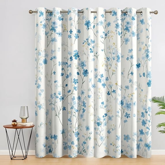 Blue Floral Curtains, Watercolor Floral Window Curtains, Country ...