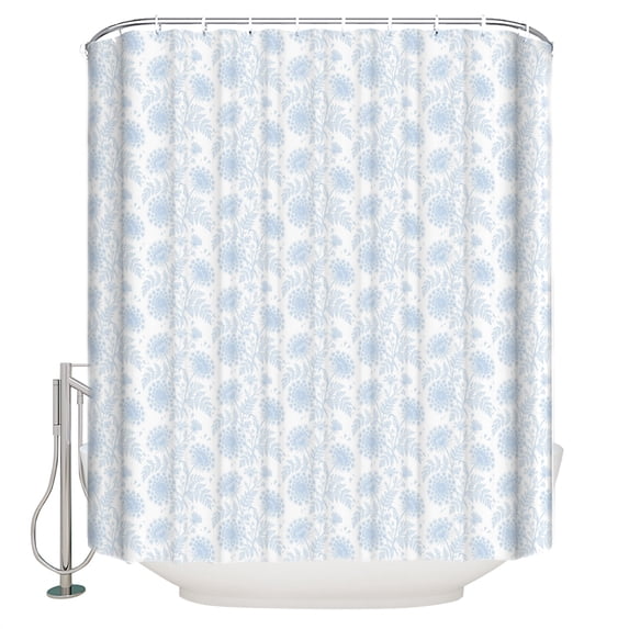 Blue Floral Cute Bathroom Shower Curtains with 12 Hooks Polyester ...