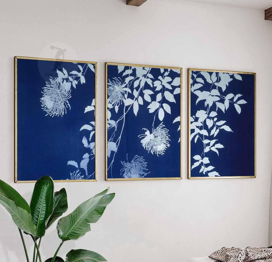Blue Floral Cyanotype Style Botanical Triptych Art Set 3 Unframed Paper ...