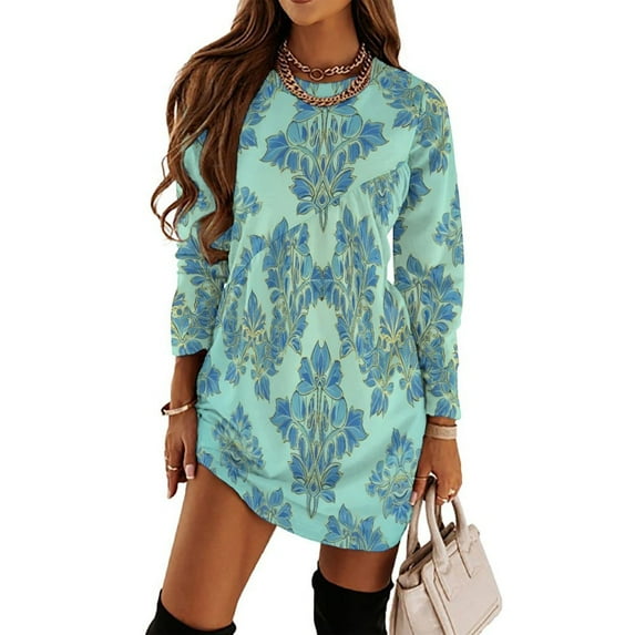 Blue Floral Damask Pattern Loose Dress Evening Dress Summer Dresses for ...