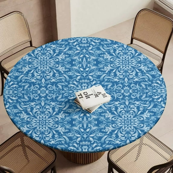 Blue Floral Damask Pattern Round Table Cover Kitchen Printed Waterproof ...
