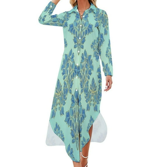 Blue Floral Damask Pattern Shirt Dress Long Sleeve Street Fashion V ...
