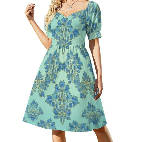 Blue Floral Damask Pattern Short Sleeve Dress Clothes Women's Summer ...