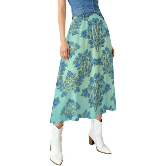 Blue Floral Damask Pattern Women High Waist Midi Skirt Elegant Midi ...