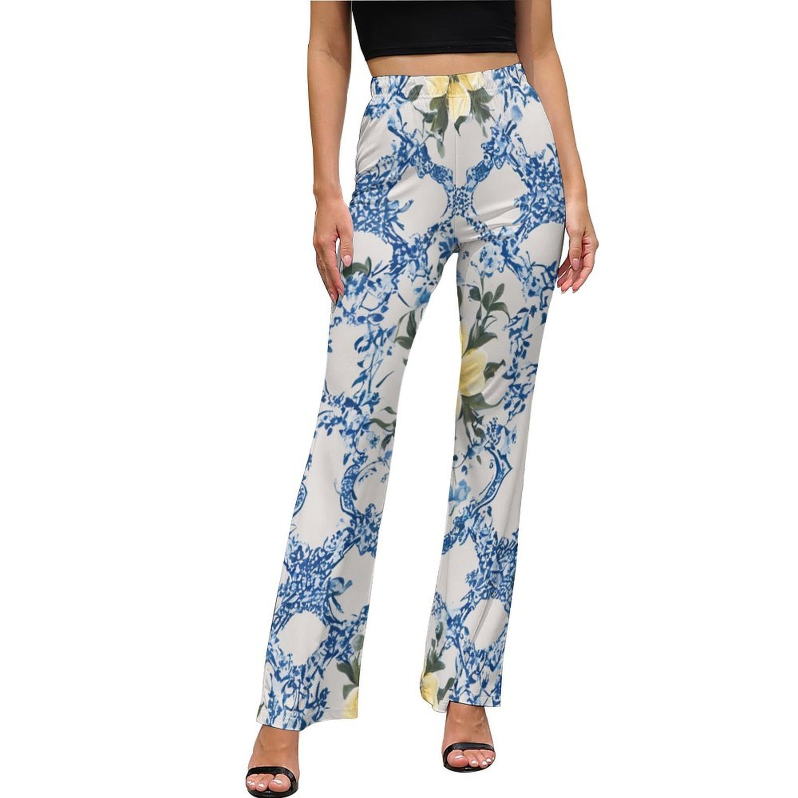 Blue Floral Diamond Tiles High Waisted Casual Flared Trousers Summer ...